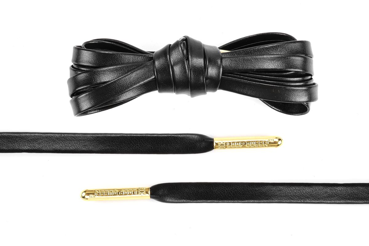 Luxury Black Leather Shoe Laces with Gold Tips - From Loop King